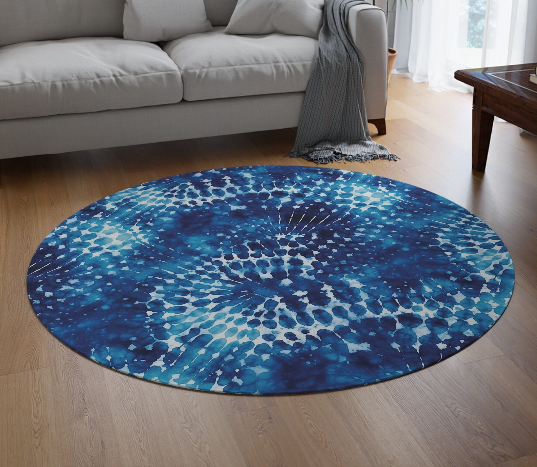 Shibori Tie Dye Round Area Rug, Japanese Indigo Blue Large 60 Circle ...