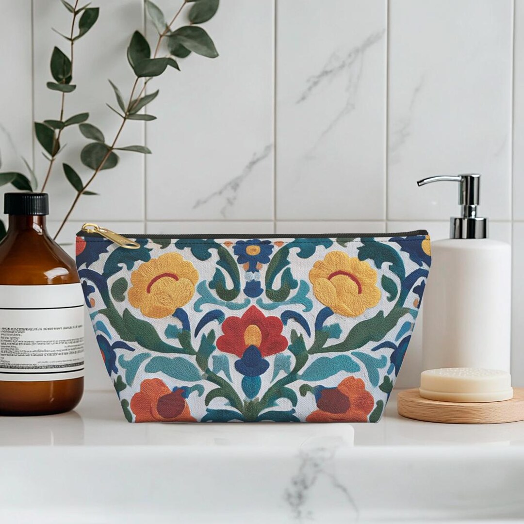 Mexican Talavera Tile Makeup Pouch – Embroidered Effect Toiletry Bag ...