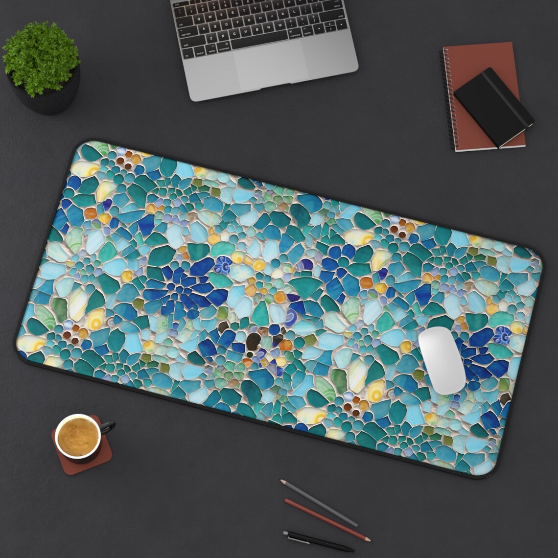 Mosaic Sea Glass Desk Mat in 3 Sizes, Aqua Teal Blue Colorful Flowers ...
