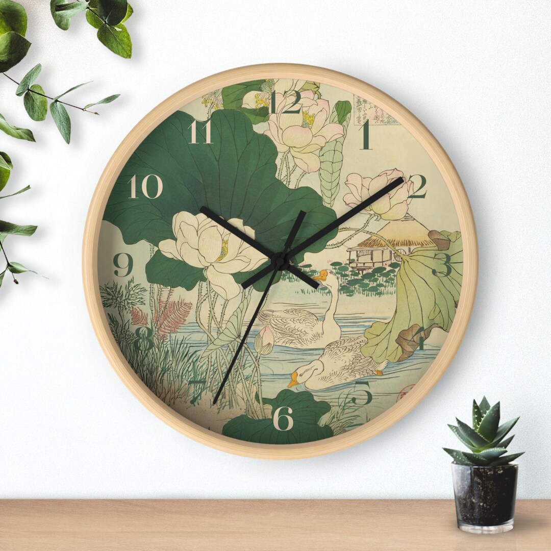 Asian Goose Pond Clock, Wood Framed Silent Geese Round Decorative Circe ...
