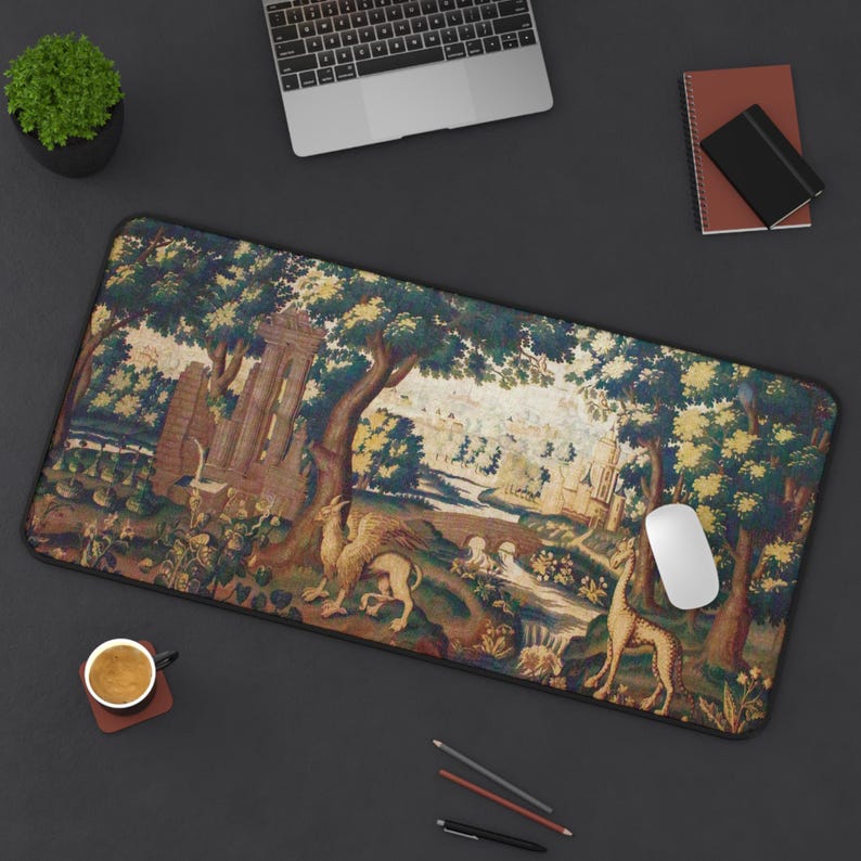Medieval Gryphon Tapestry Desk Mat, Vintage Castle Garden Forest French ...