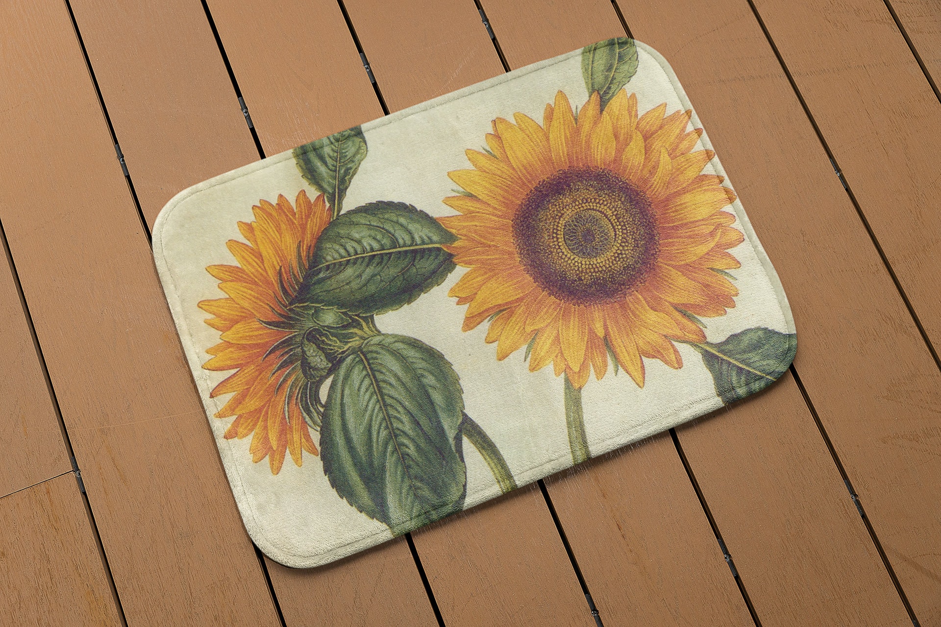 Sunflower Bath Mat, Botanical Floral Bathroom Mat, Vintage Yellow ...