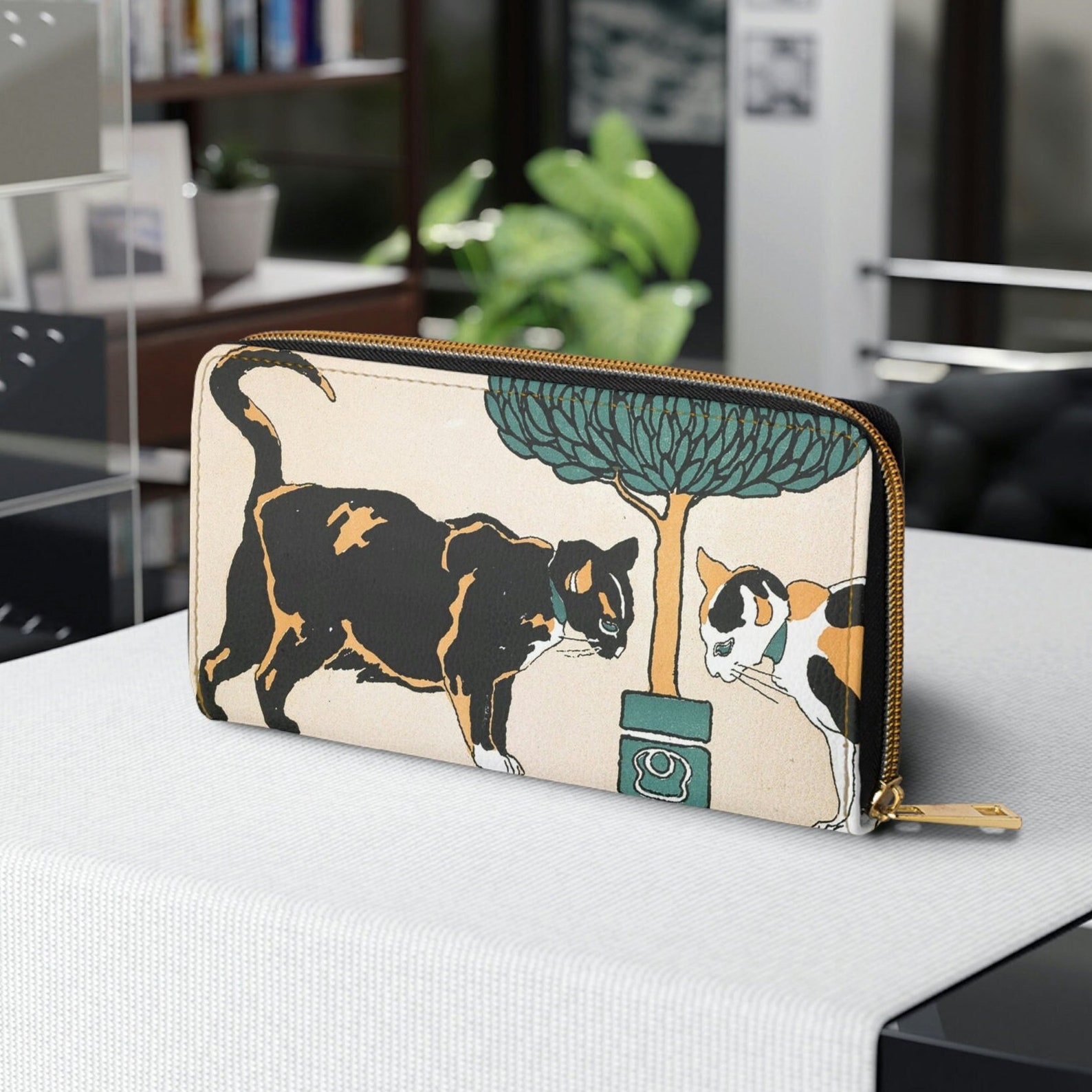 Black and Calico Cat Zipper Wallet, Zip Around Vegan Leather Wallet ...