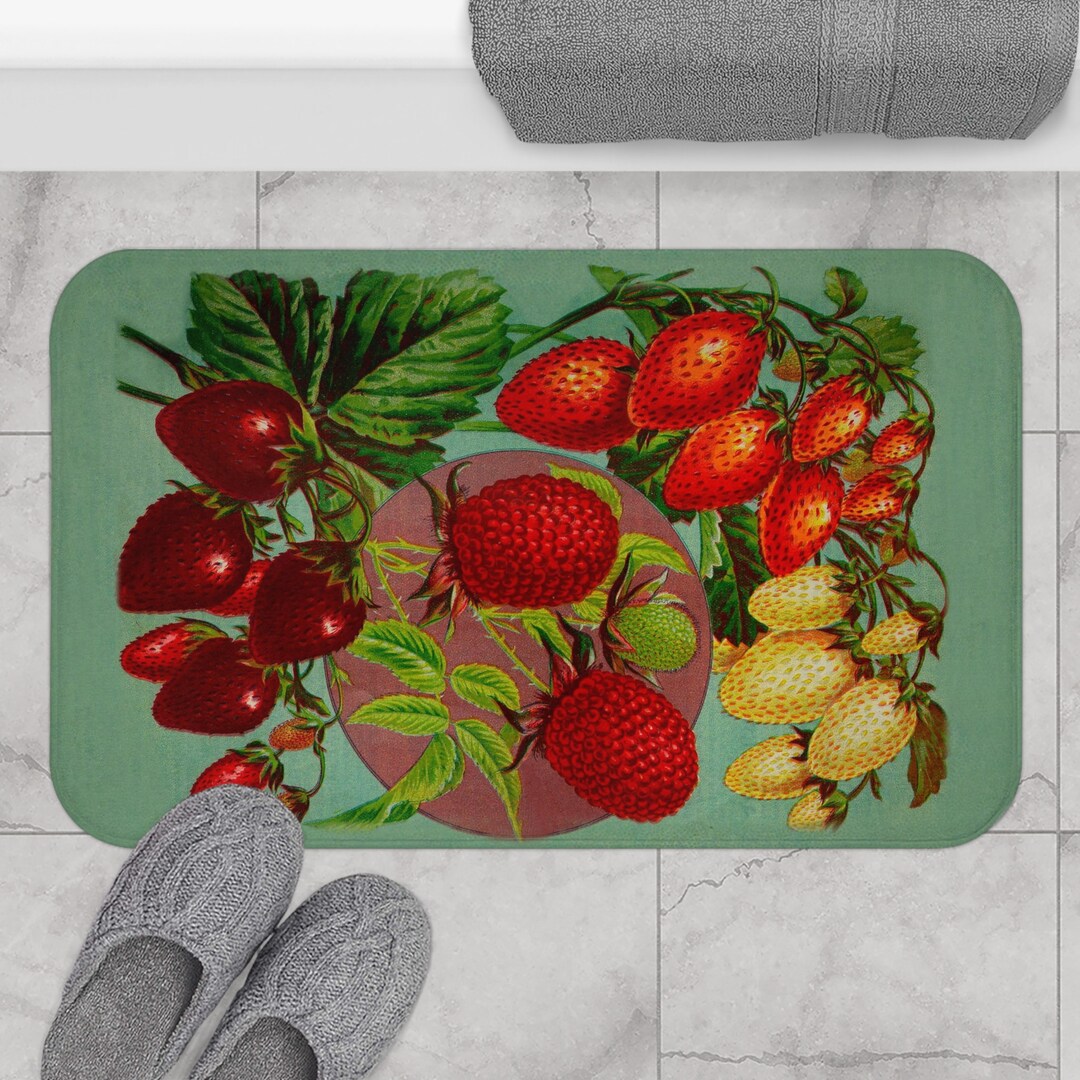 Strawberry Bath Mat, Boho Botanical Cottagecore Fruit Bathroom Mat ...