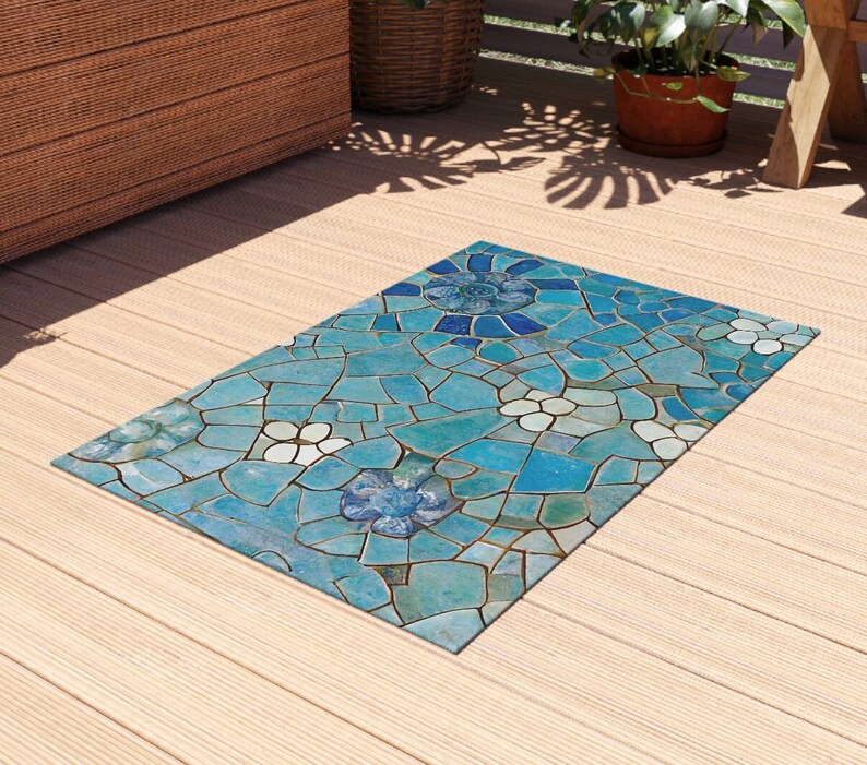 Blue Flowers Gaudi Door Mat Mosaic Doormat Colorful Welcome - Etsy