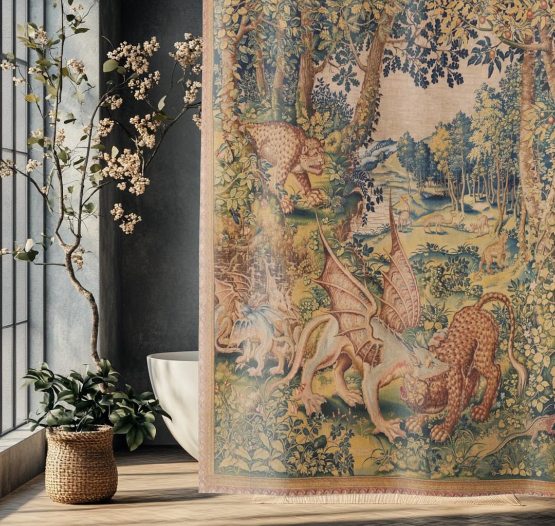 Medieval Dragons & Panthers Shower Curtain, Vintage Verdure Victorian ...