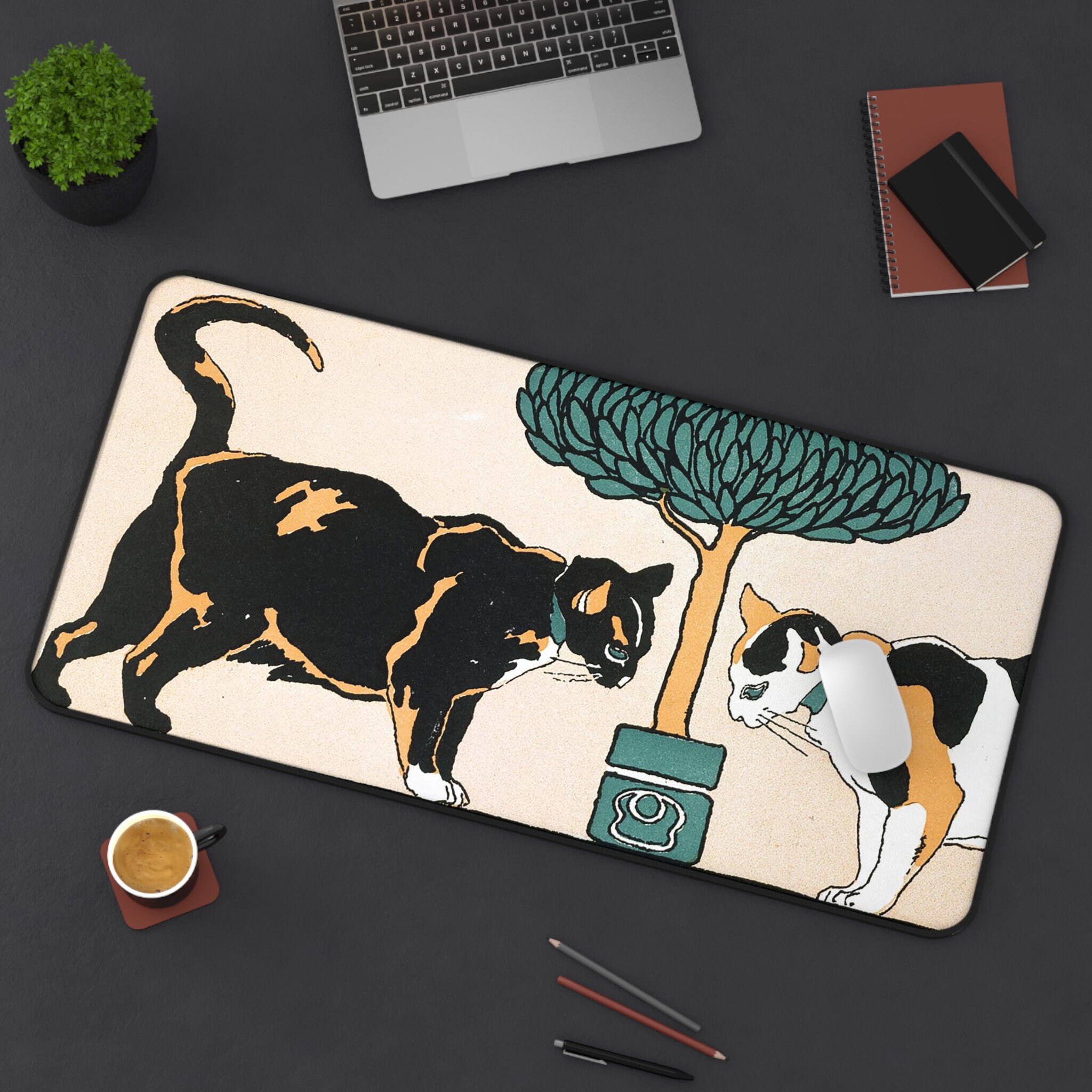 Black Cat Desk Mat in 2 Sizes, Large Desk Mat, Calico, Neoprene Gaming ...