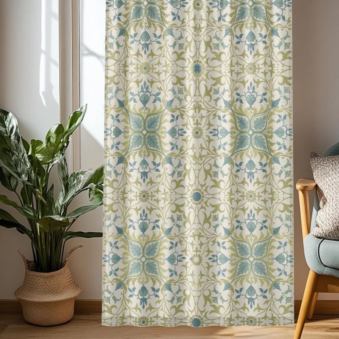 William Morris Sun Blocking Curtain Panel, Green Blue Boho Botanical ...