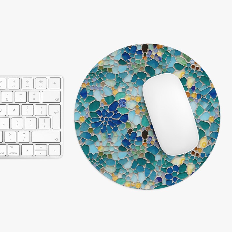 Sea Glass Mosaic Mouse Pad, Barcelona Gaudi Inspired Round Desk Top Mat ...