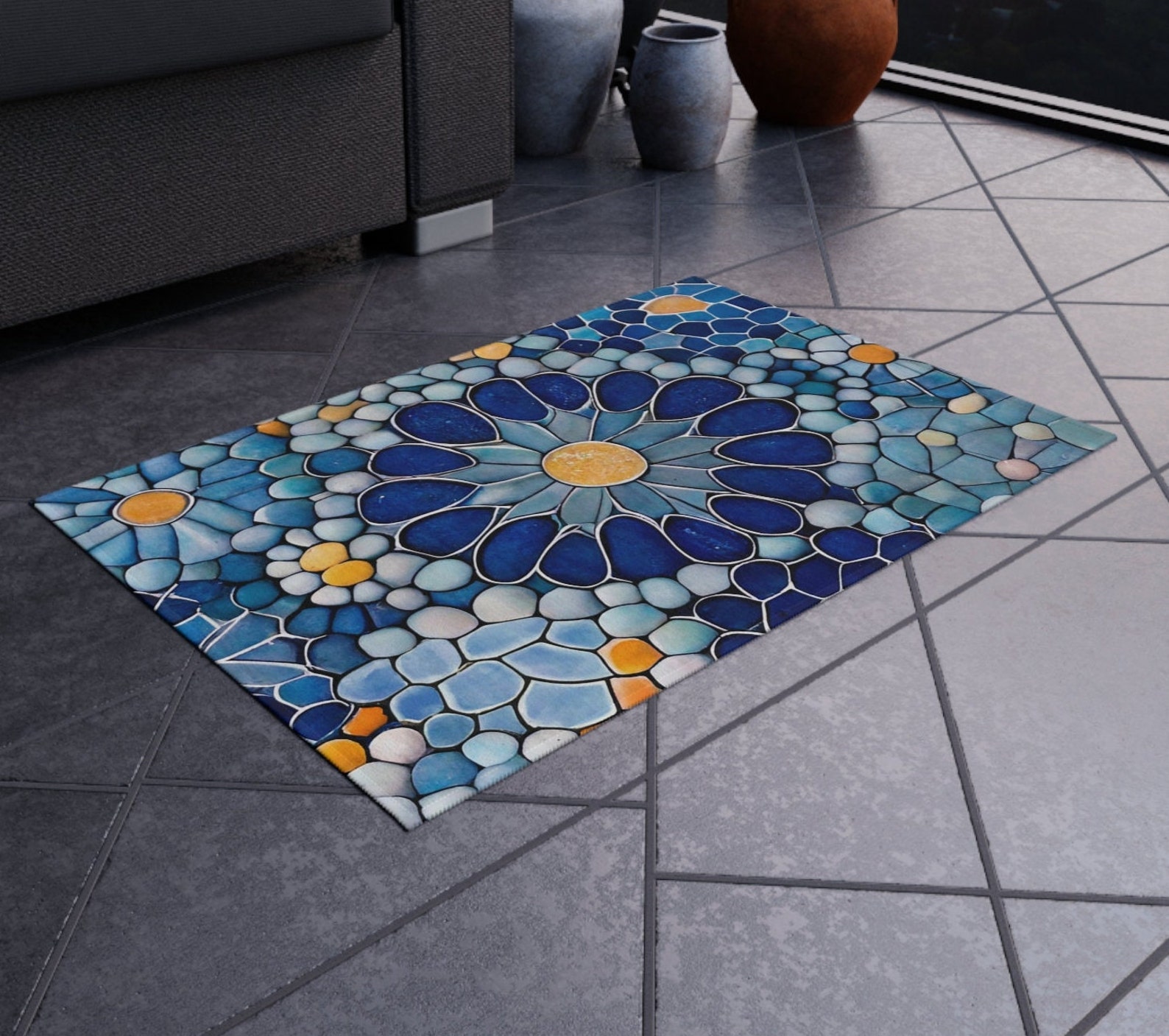 Blue and Yellow Flowers Mosaic Door Mat, Colorful Welcome Mat ...