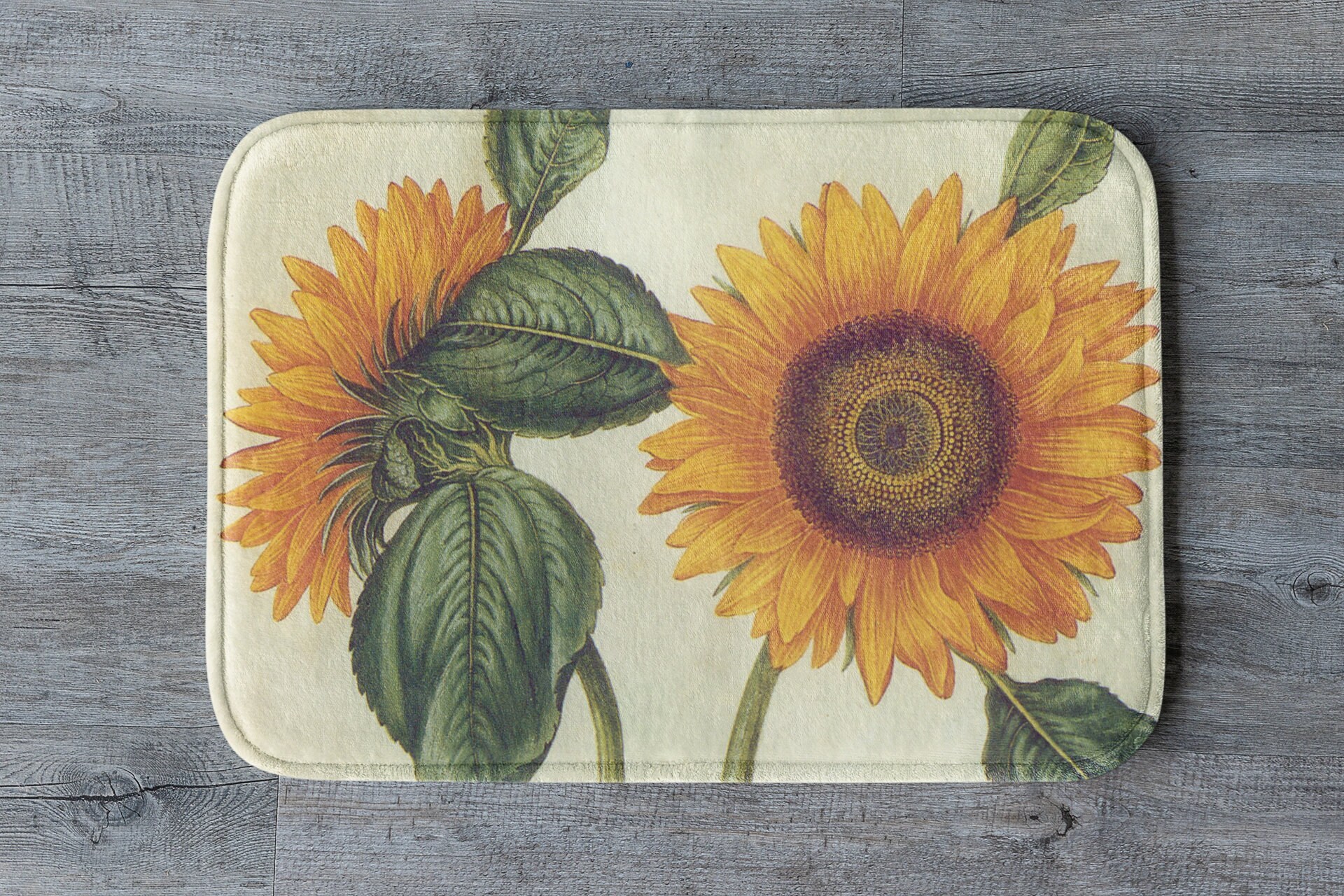 Sunflower Bath Mat, Botanical Floral Bathroom Mat, Vintage Yellow ...