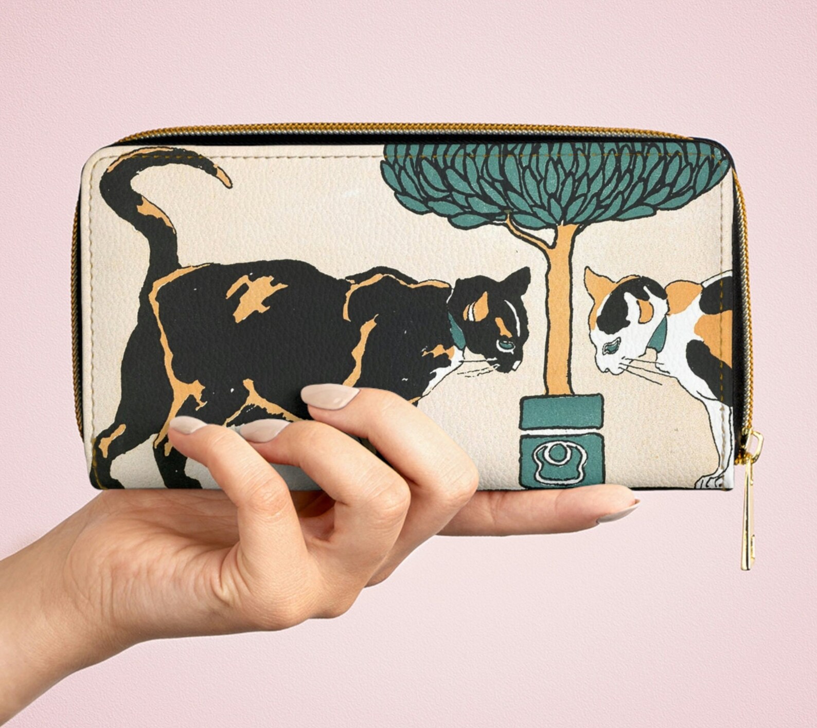 Black and Calico Cat Zipper Wallet, Zip Around Vegan Leather Wallet ...