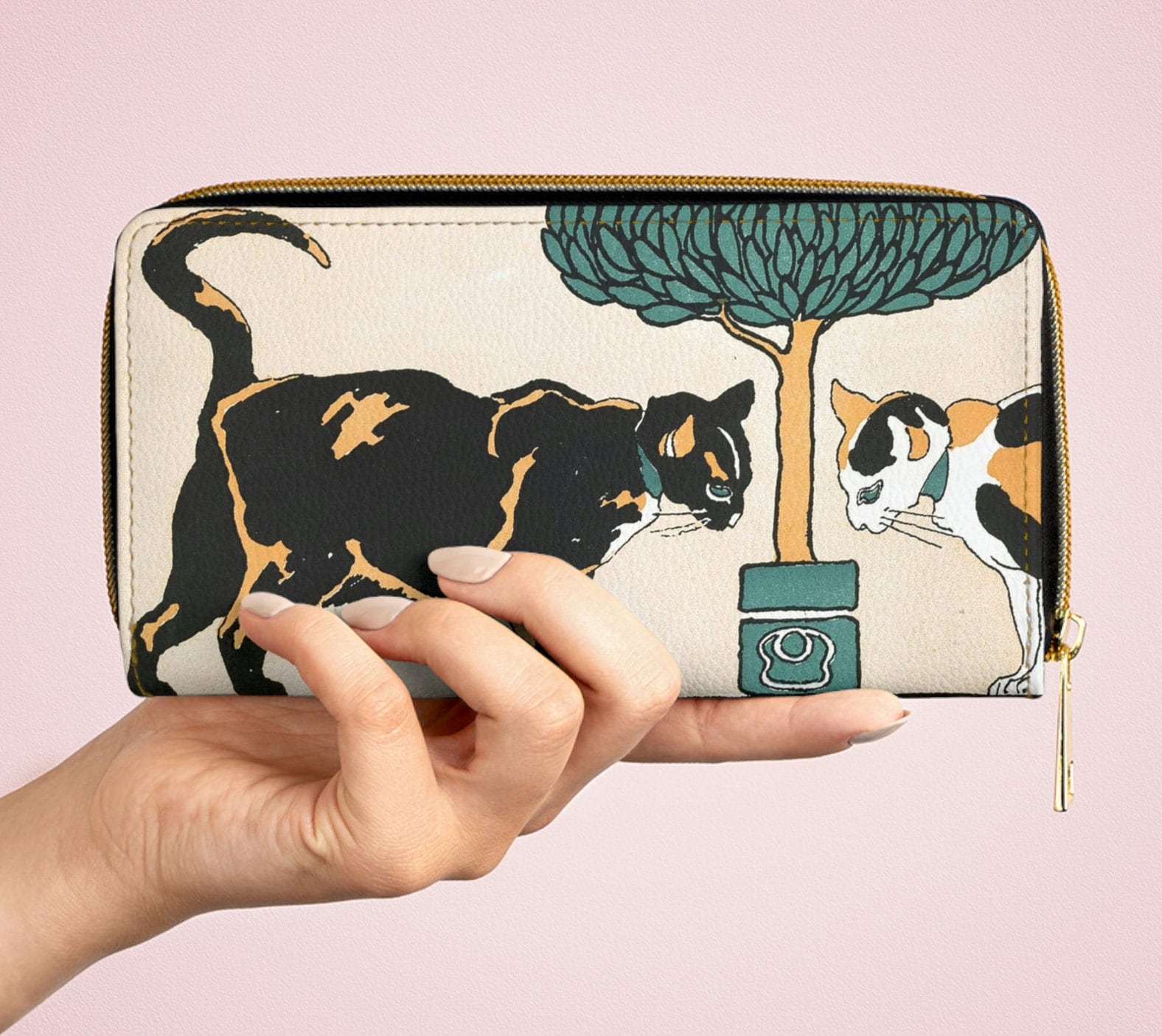 Black and Calico Cat Zipper Wallet, Zip Around Vegan Leather Wallet ...