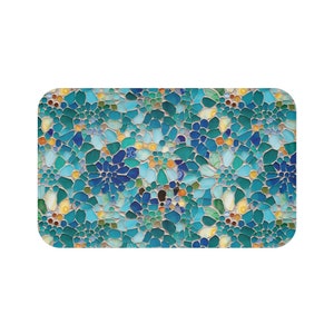 Sea Glass Mosaic Bath Mat, Barcelona Gaudi Inspired Flowers Soft Comfy ...