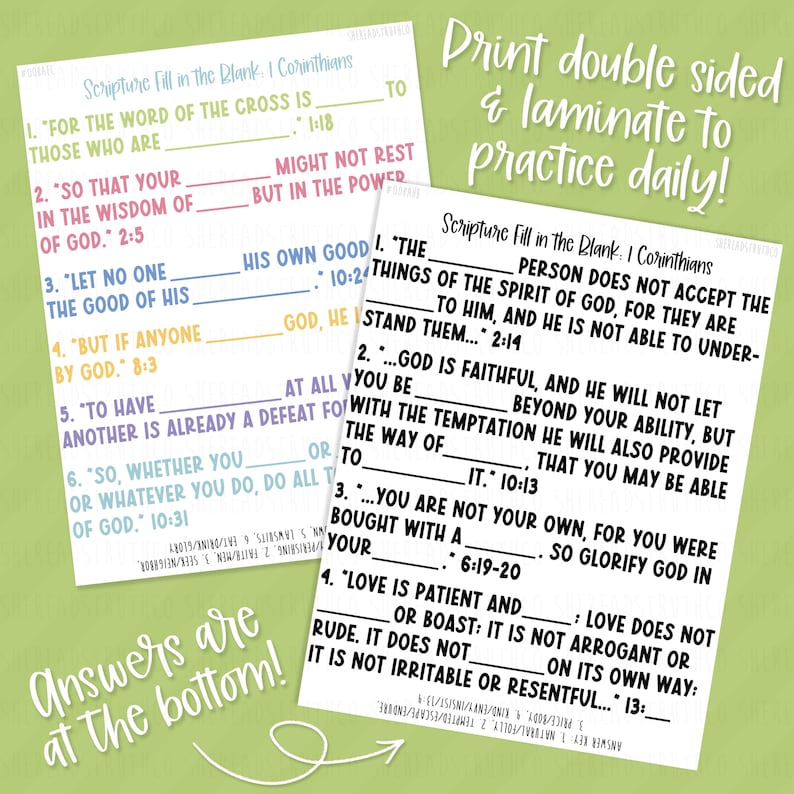 PRINTABLE 1 Corinthians Scripture Fill in the Blank, Scripture ...