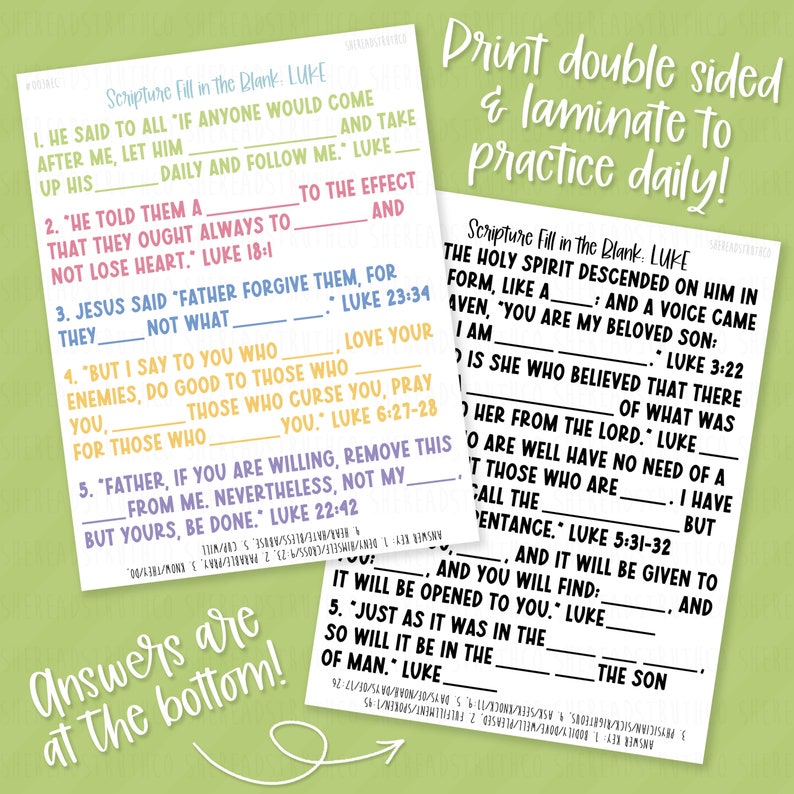 PRINTABLE Luke (A) Scripture Fill in the Blank, Scripture Memorization ...