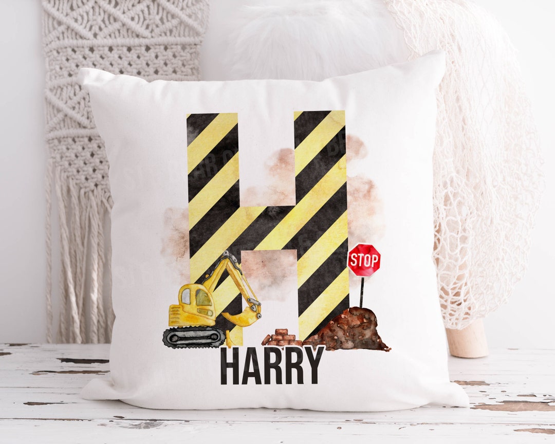 Personalised Digger Construction Pillow, Cushion Cover and Insert, Boys ...