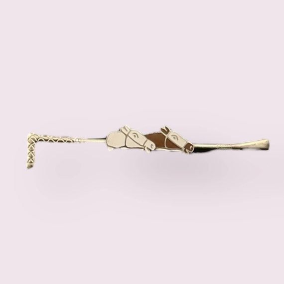 Vintage Silver Two Horse Heads Racing on Crop Brooch - Gem
