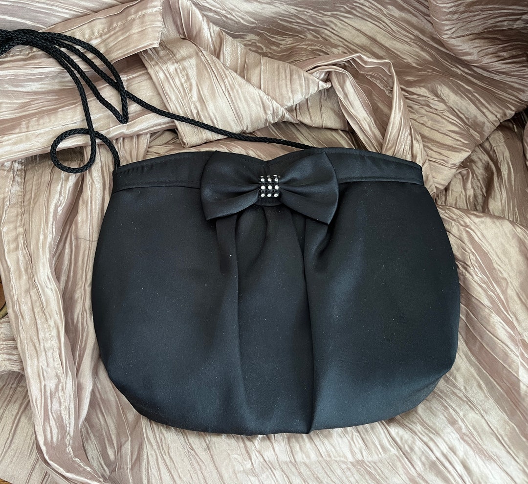 BLACK EVENING PURSE Vintage Satin / Rayon Zipper Closure Long Strap - Etsy