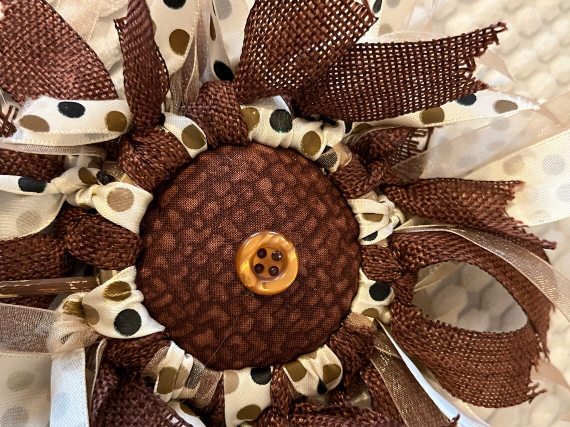 RAG RIBBON FLOWER Autumn Fall Brown Mason Jar Lid Floral on Stick - Etsy