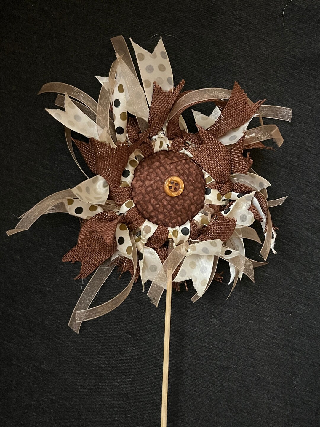 RAG RIBBON FLOWER Autumn Fall Brown Mason Jar Lid Floral on Stick - Etsy