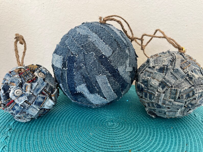 BLUE JEAN BALL Denim Christmas Tree Ornaments Handmade Three Sizes ...