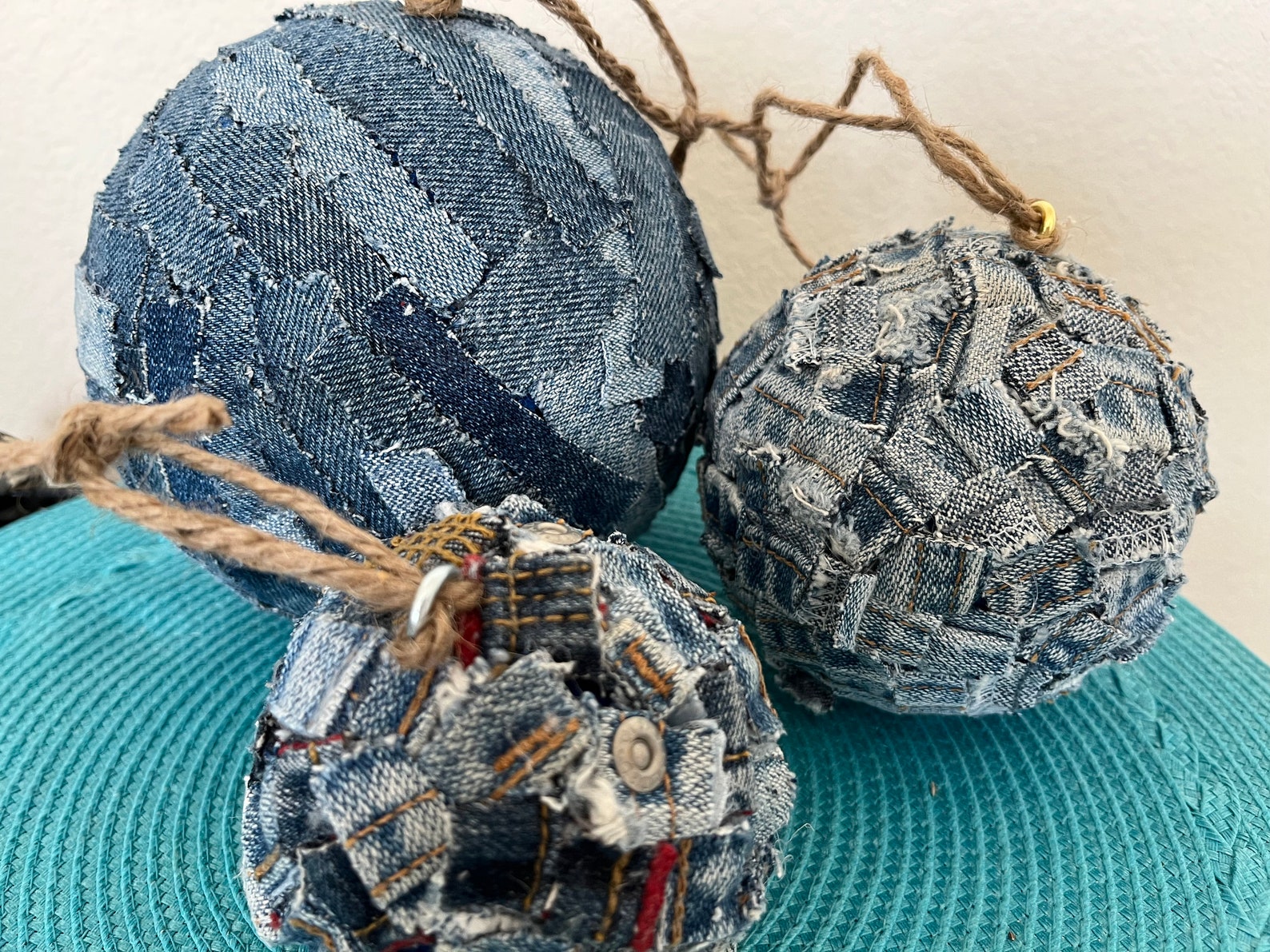 BLUE JEAN BALL Denim Christmas Tree Ornaments Handmade Three Sizes ...