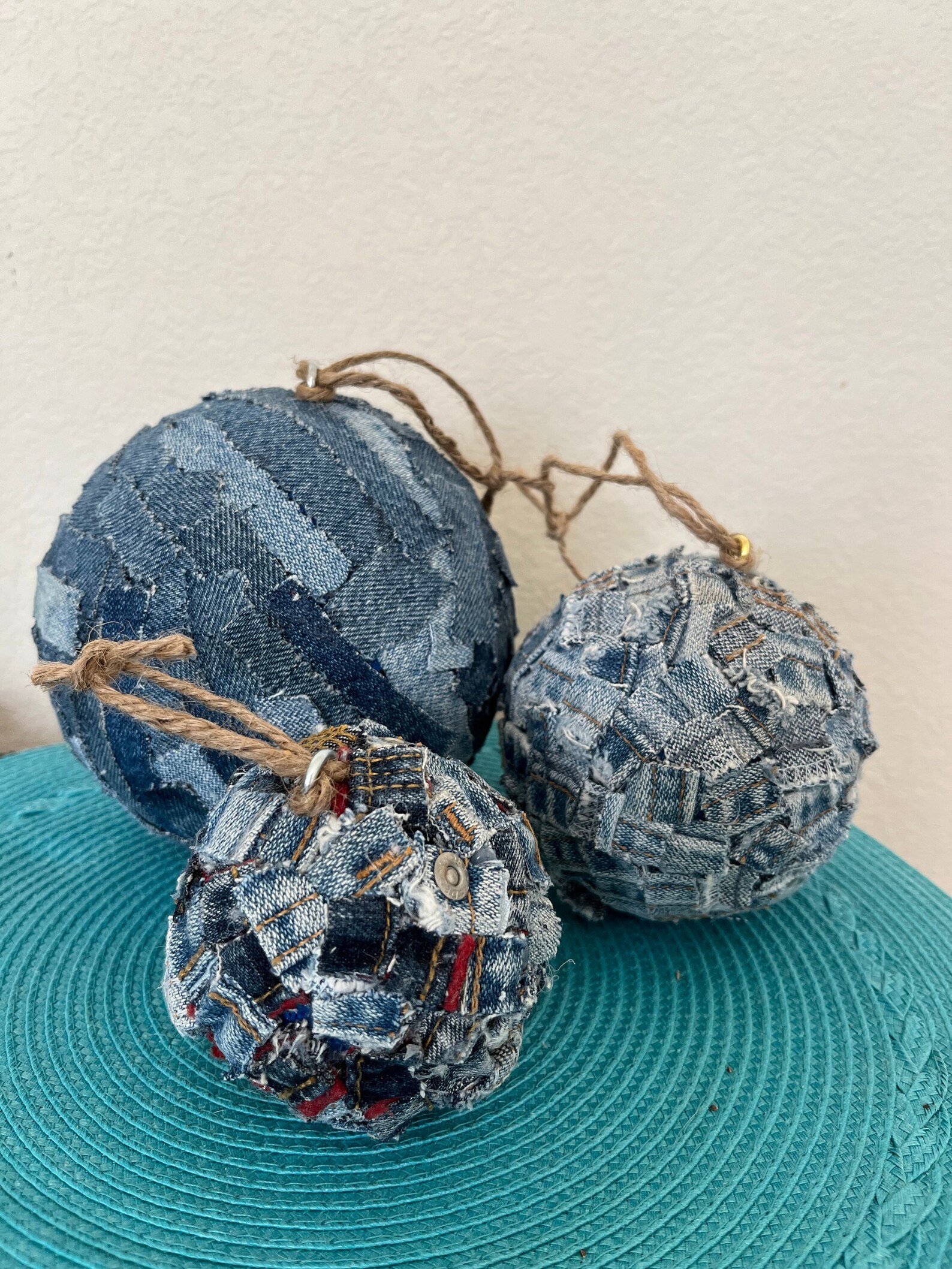 BLUE JEAN BALL Denim Christmas Tree Ornaments Handmade Three Sizes ...
