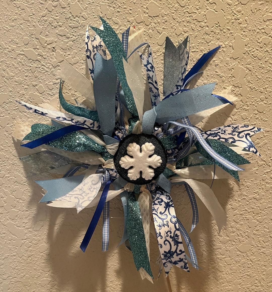 BLUE RAG RIBBON Flower on a Stick Whimsical Winter Floral - Etsy