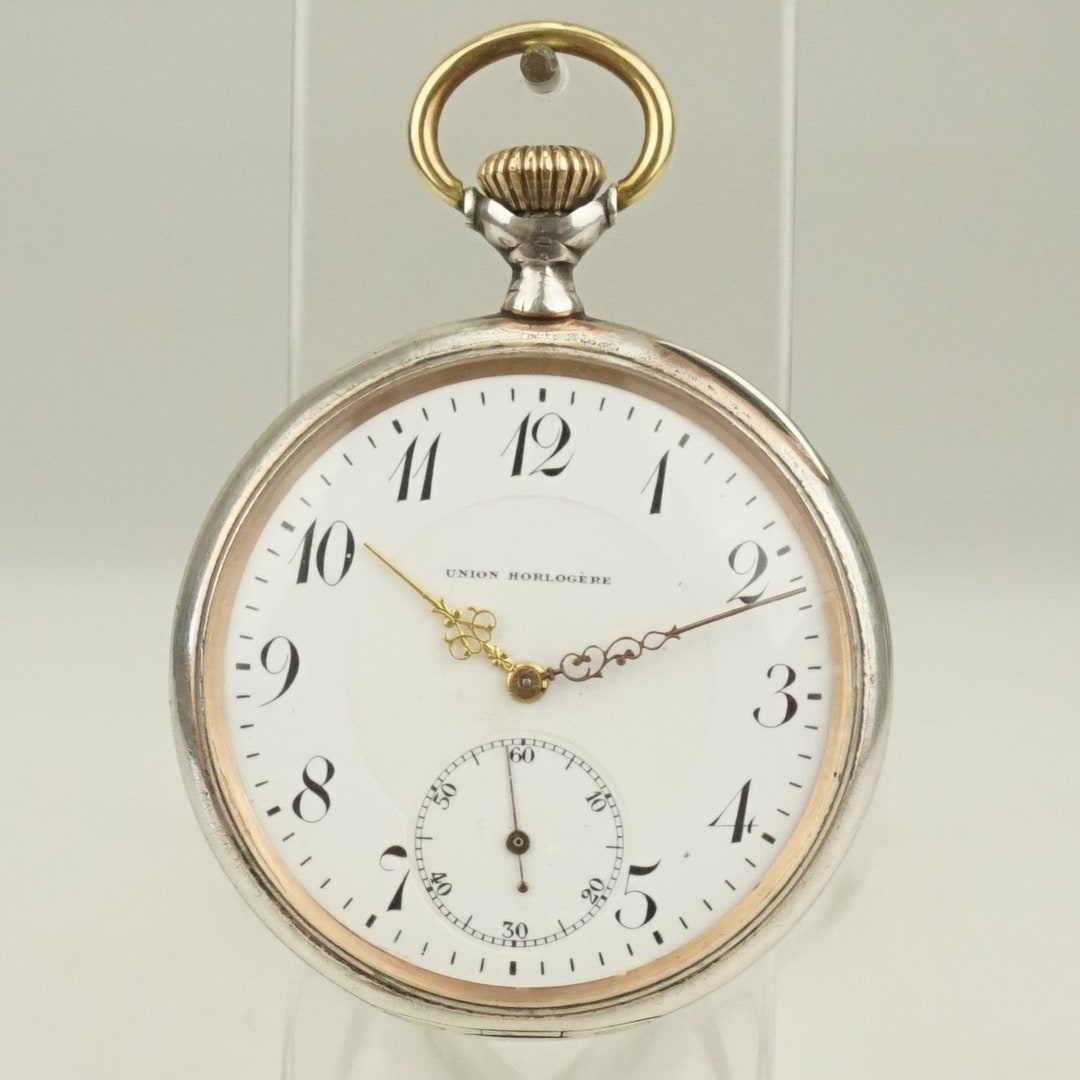 Working UNION HORLOGERE Solid Silver Swiss Pocket Watch Men's No Fusee ...