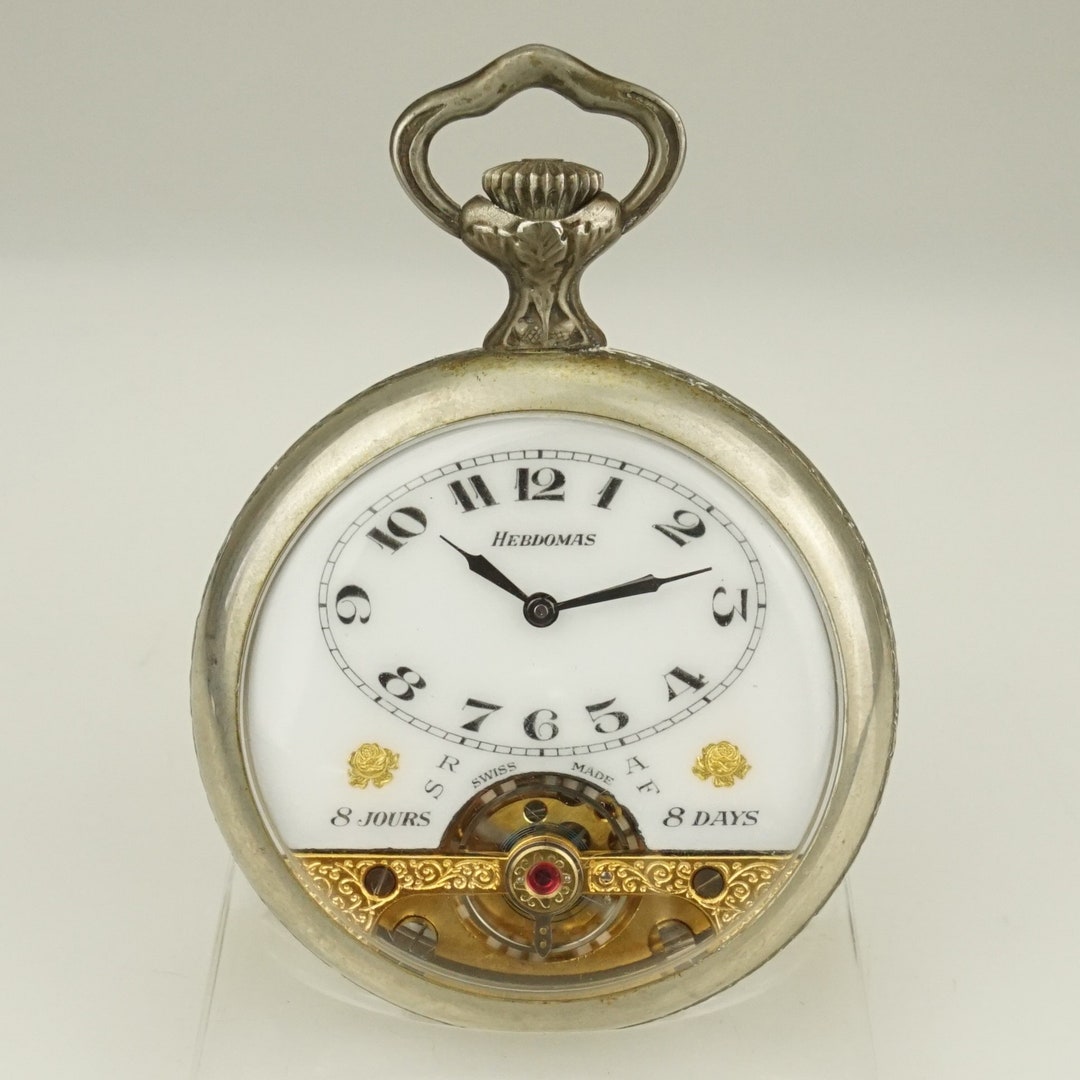 Working HEBDOMAS 8 Days Swiss Made Pocket Watch Men's No Fusee Duplex ...