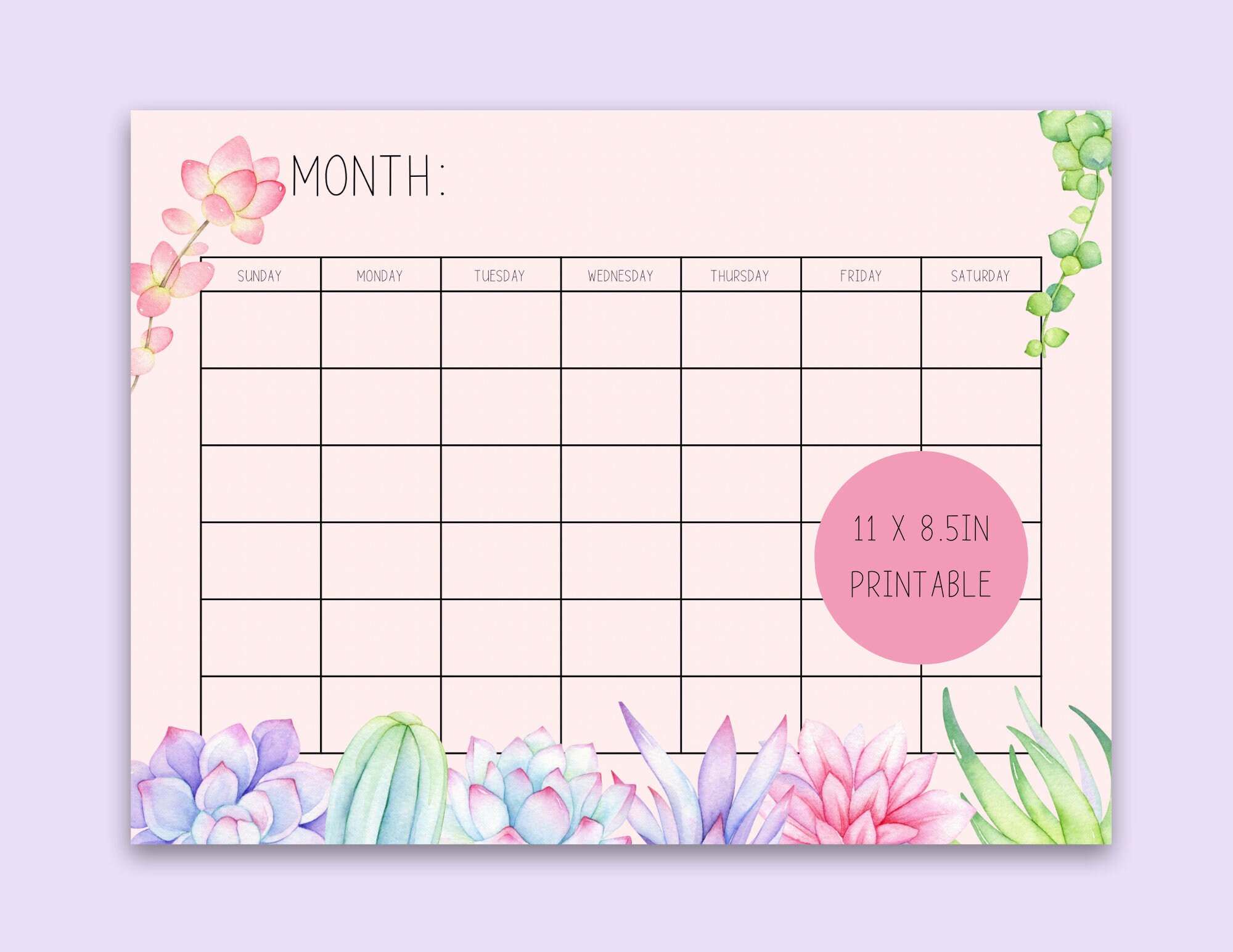 Succulent Monthly Calendar, Monthly Blank Calendar Printable, 11 X 8.5 ...