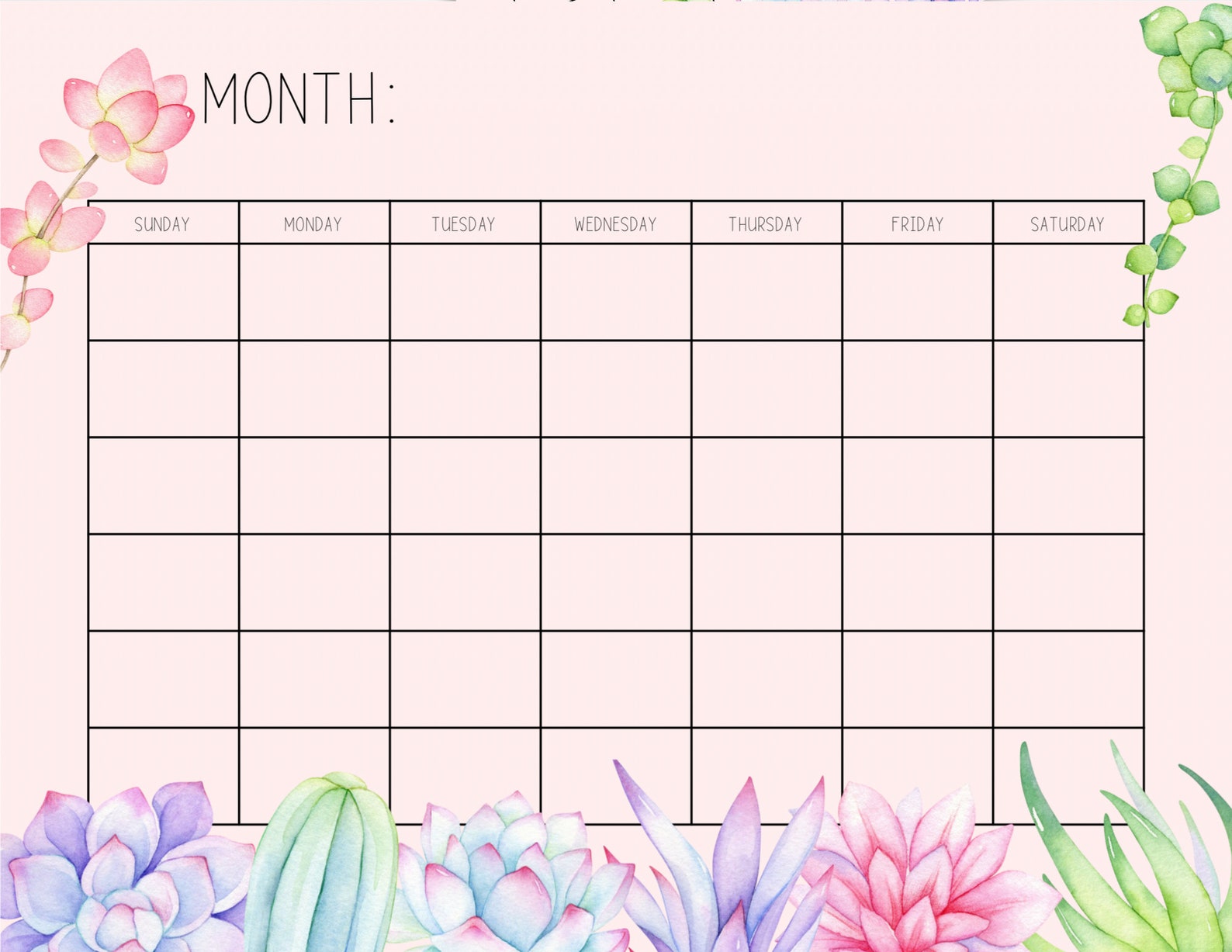 Succulent Monthly Calendar, Monthly Blank Calendar Printable, 11 X 8.5 ...