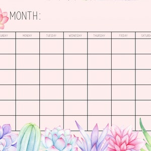 Succulent Monthly Calendar, Monthly Blank Calendar Printable, 11 X 8.5 ...