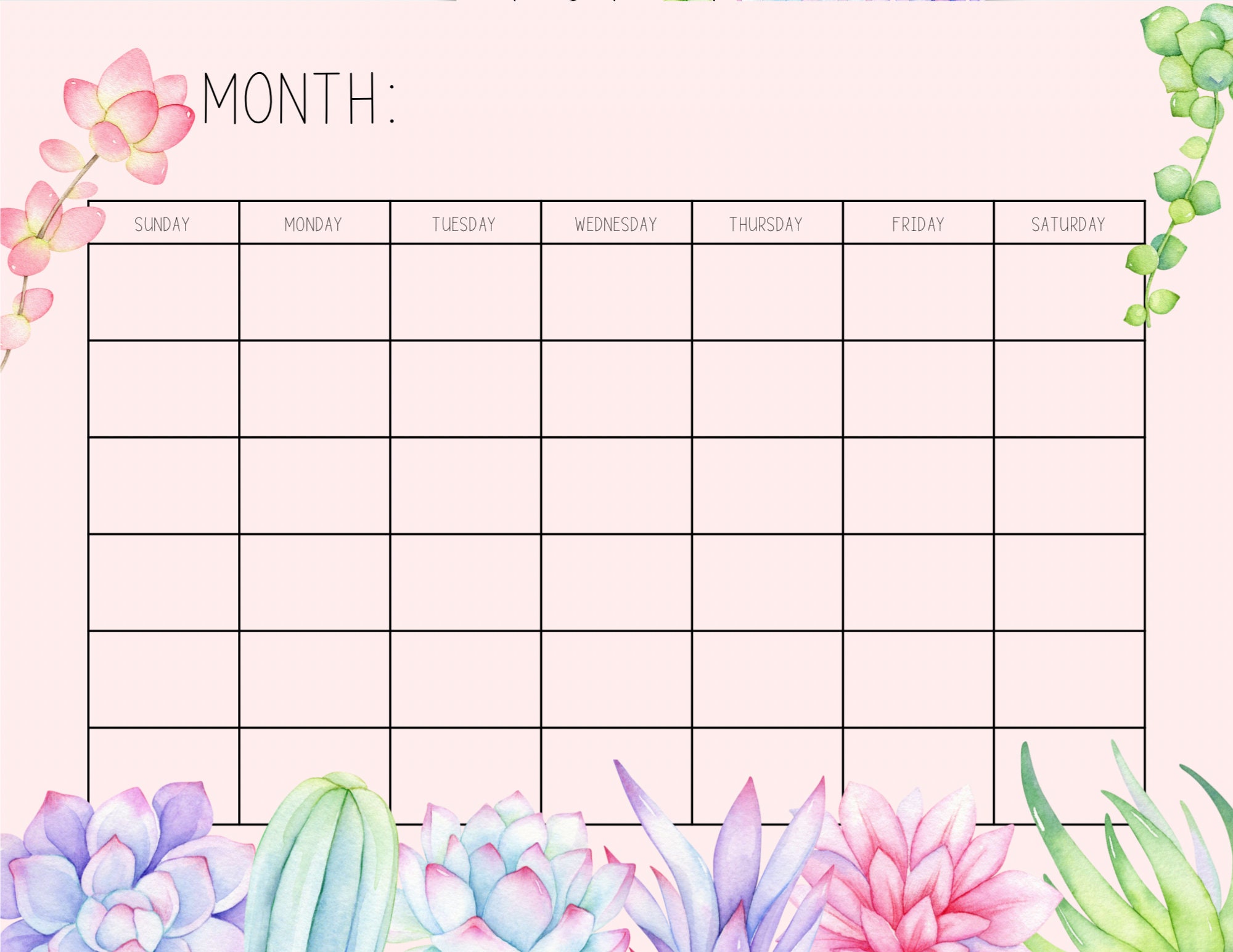 Succulent Monthly Calendar, Monthly Blank Calendar Printable, 11 X 8.5 ...