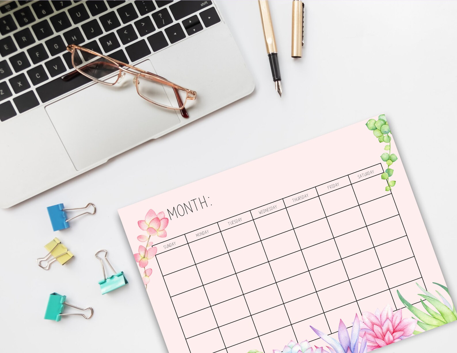 Succulent Monthly Calendar, Monthly Blank Calendar Printable, 11 X 8.5 ...