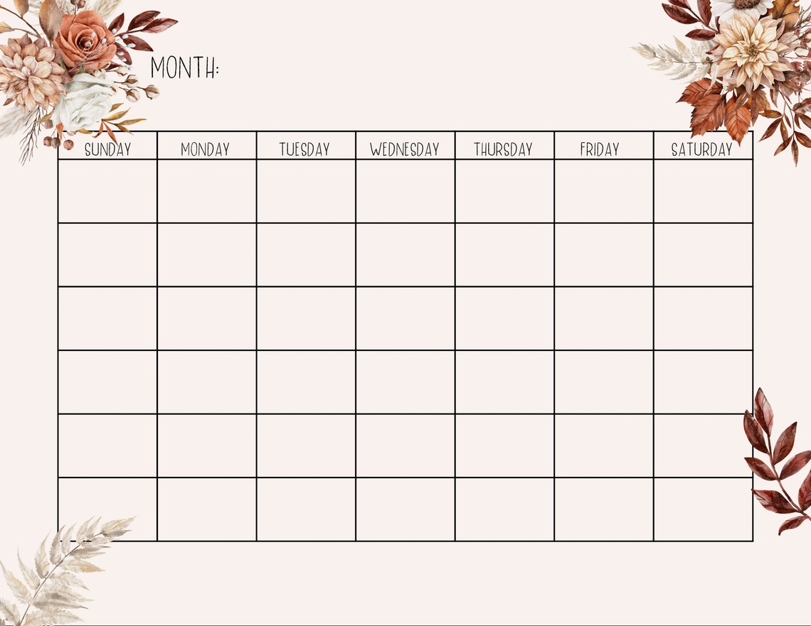 Printable Autumn Calendar, Blank Monthly Calendar, Cute Monthly ...
