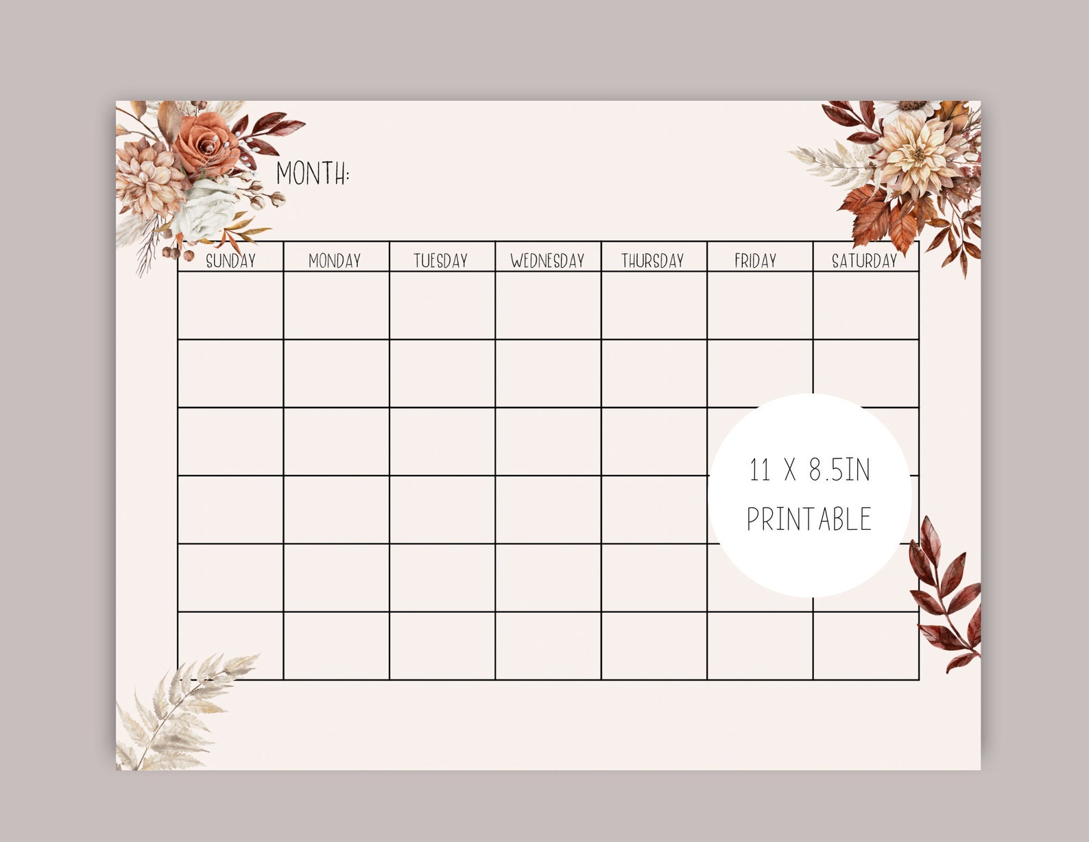 Printable Autumn Calendar, Blank Monthly Calendar, Cute Monthly ...
