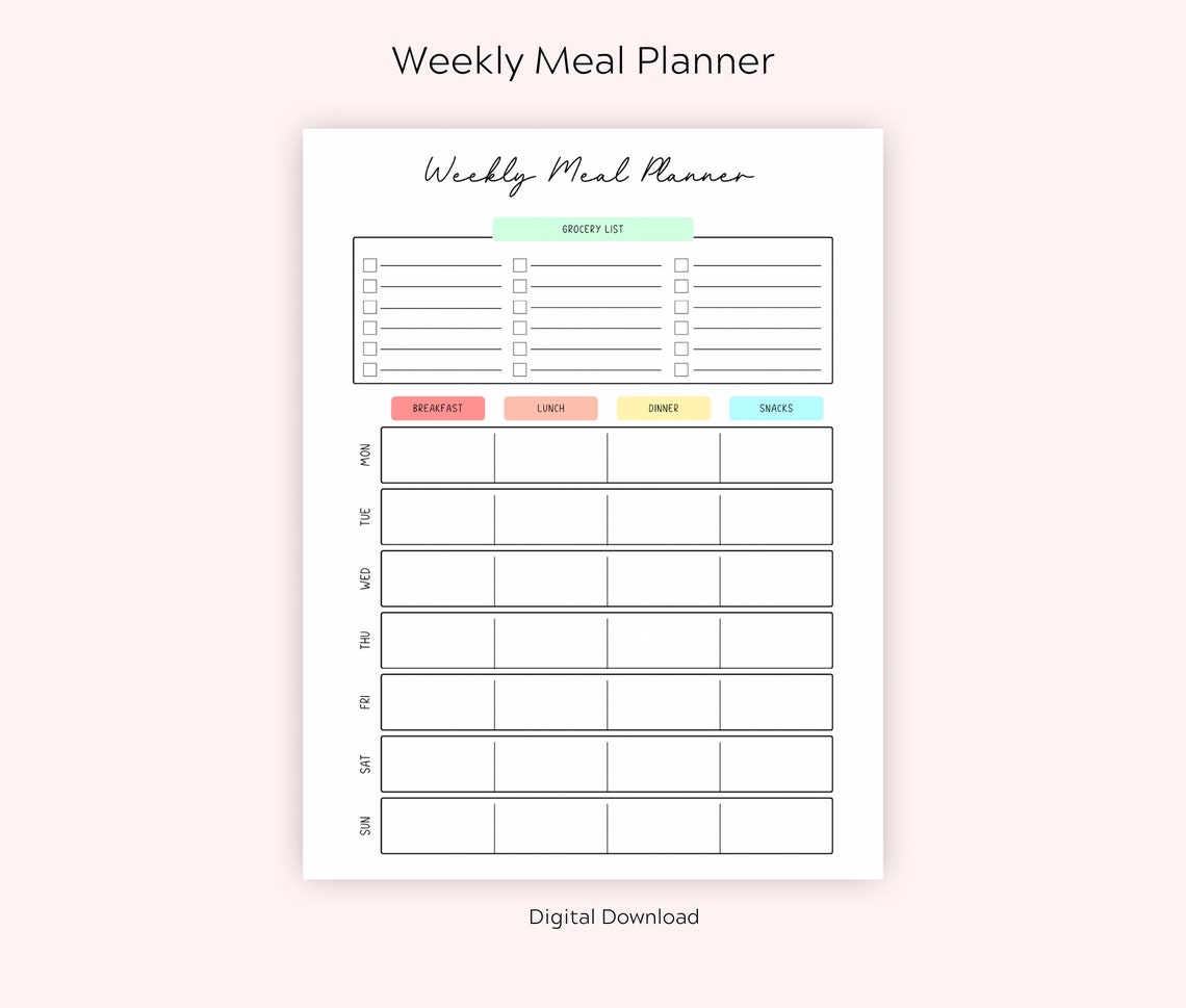 Weekly Meal Planner Printable, Grocery List, Meal Tracker, Weekly ...