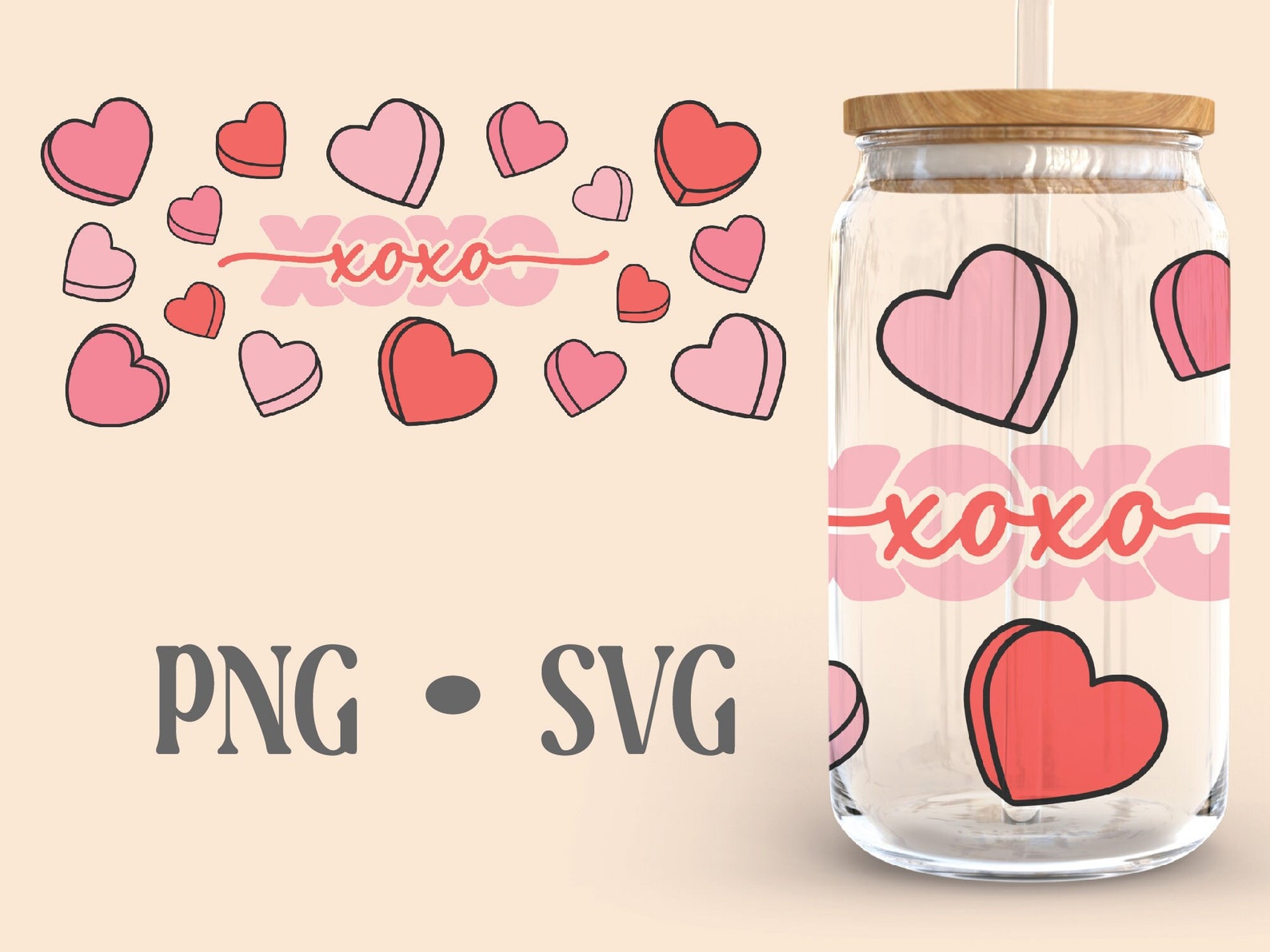 Xoxo 16 Oz Glass Can Cut File, Retro Xoxo Svg Png, Retro Valentine Svg ...