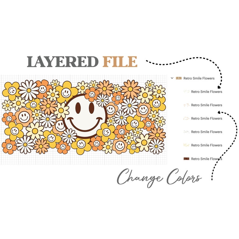 Retro Smiley Flowers, 16 Oz Libbey Glass Svg, Boho Vintage Svg, 70's ...