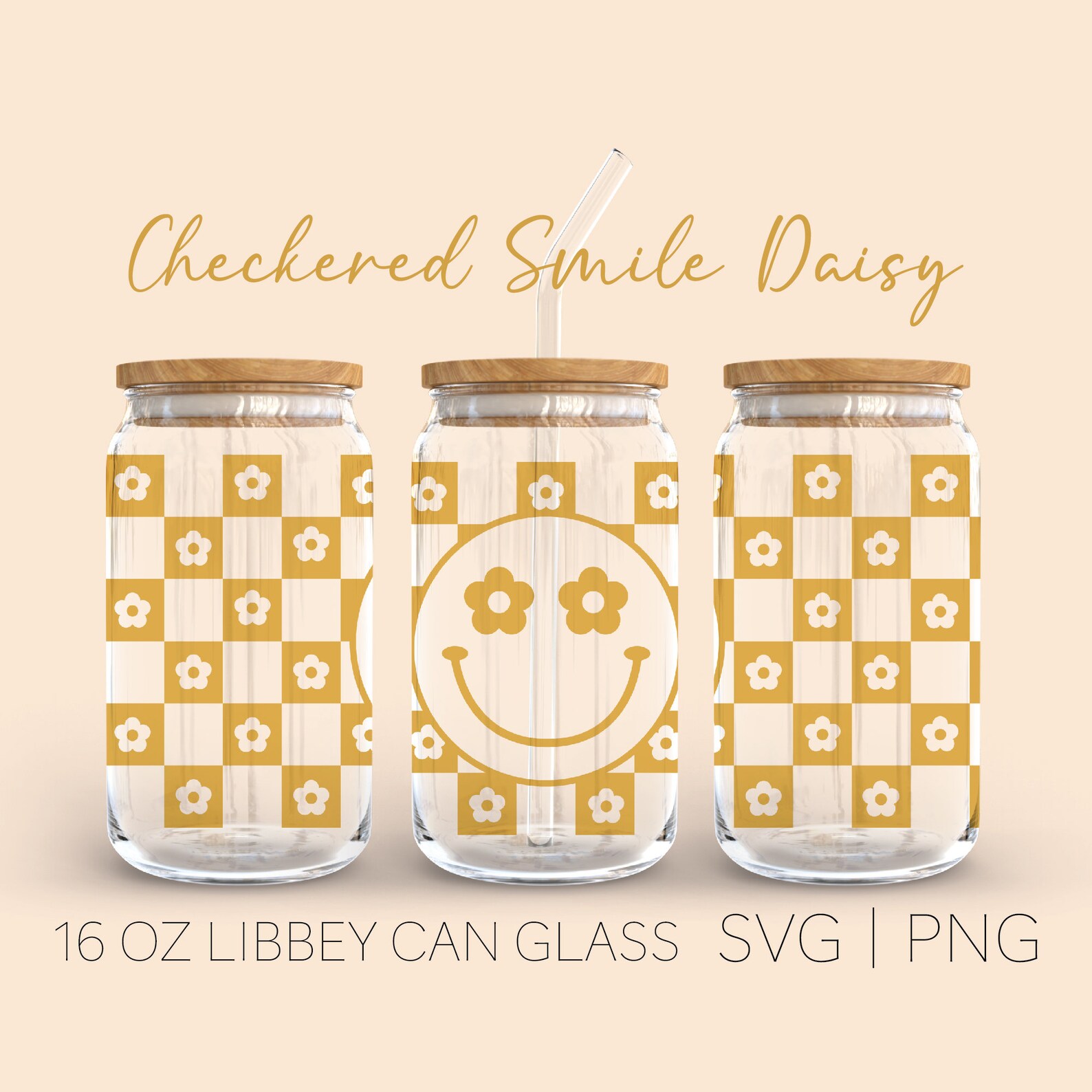 Checked Smiley Daisy Svg 16 Oz Can Glass Smiley Spring Svg - Etsy