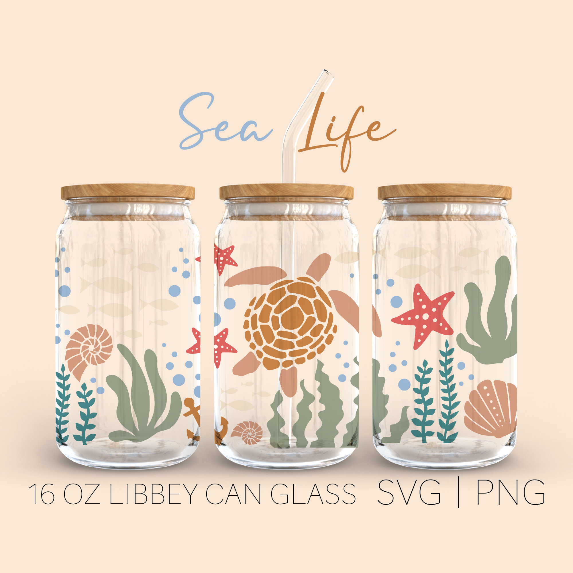 Sea Life Libbey Can Glass Svg, 16 Oz Can Glass, Sea Life Svg, Seamless ...