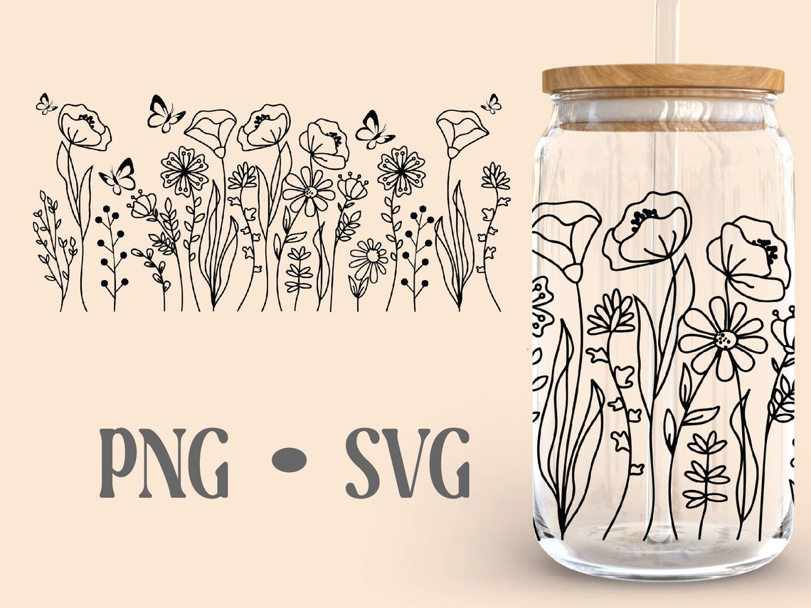 Floral With Butterfly Libbey Glass Svg Wild Flowers Libbey - Etsy