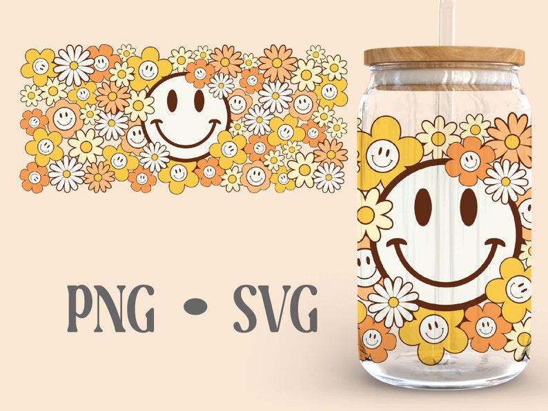 Retro Smiley Flowers, 16 Oz Libbey Glass Svg, Boho Vintage Svg, 70's ...