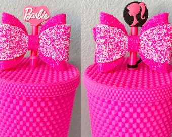 Bow Straw Topper Pink Silver Glitter Bows Shiny Cup Studded - Etsy