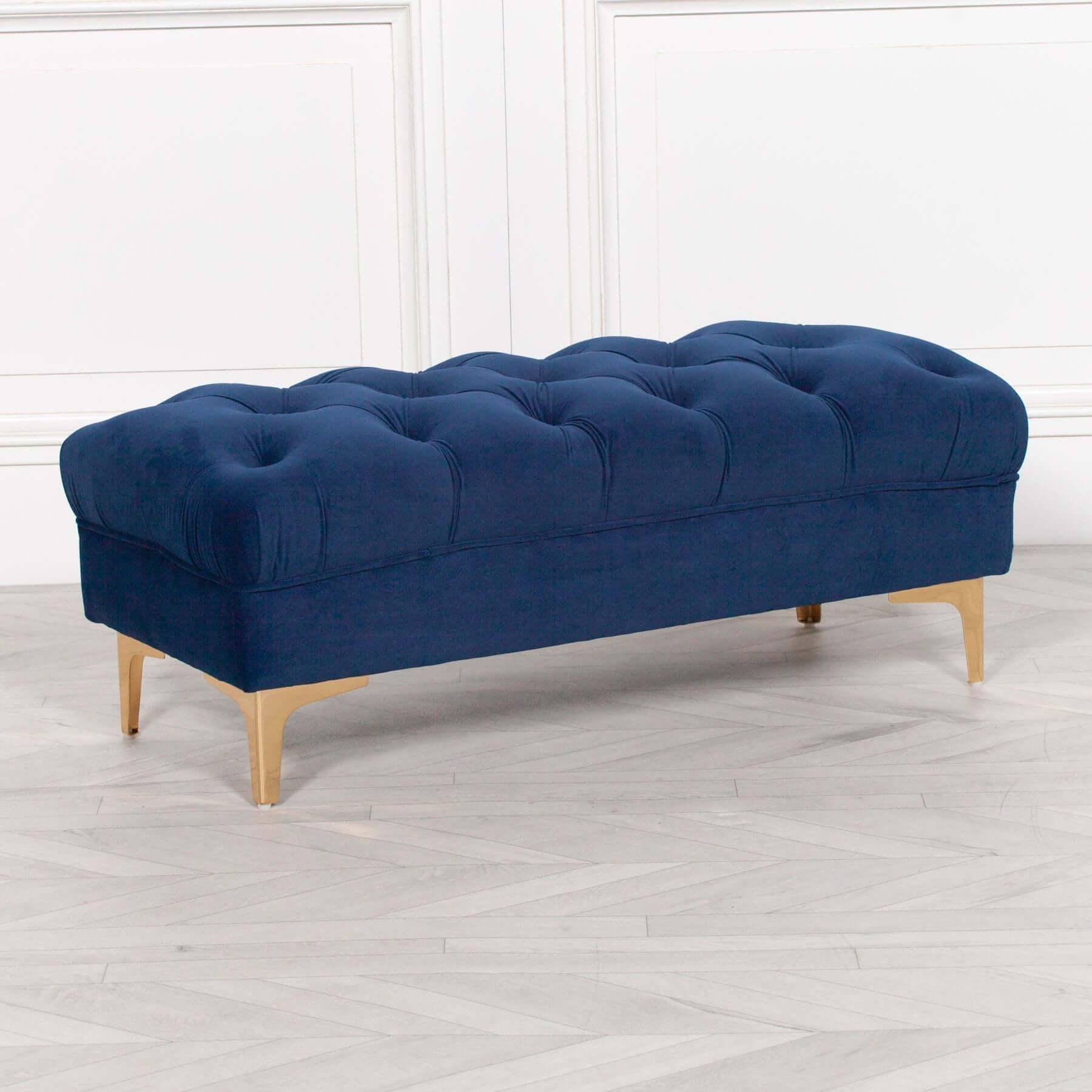 Navy Blue Velvet Ottoman Bench With Gold Legs Buttoned Features Etsy