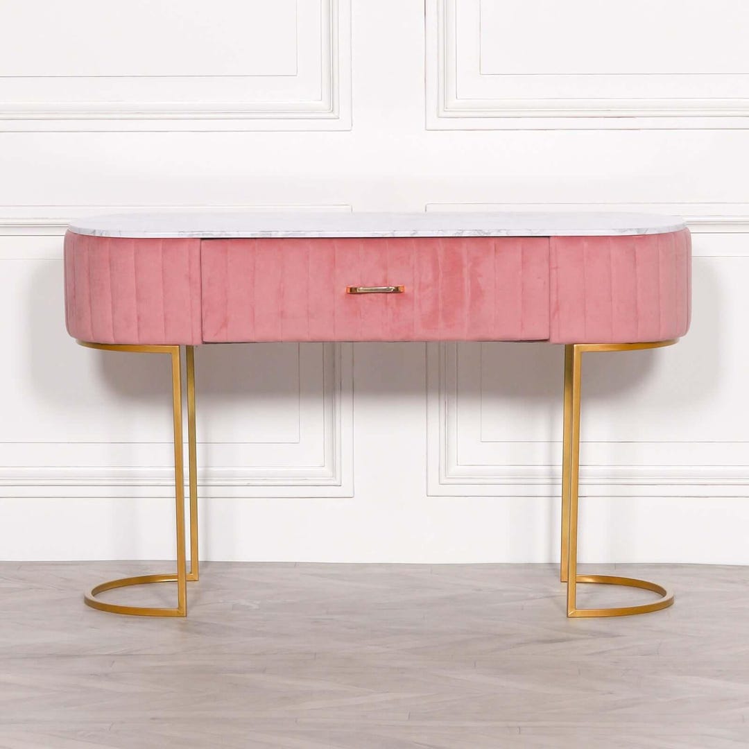 Pink Velvet Vanity Dressing Table With Marble Top and Gold Legs - Etsy UK
