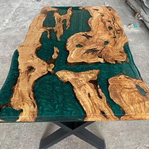 Custom Order Olive Wood Live Edge Emerald Green Color Epoxy Dining ...