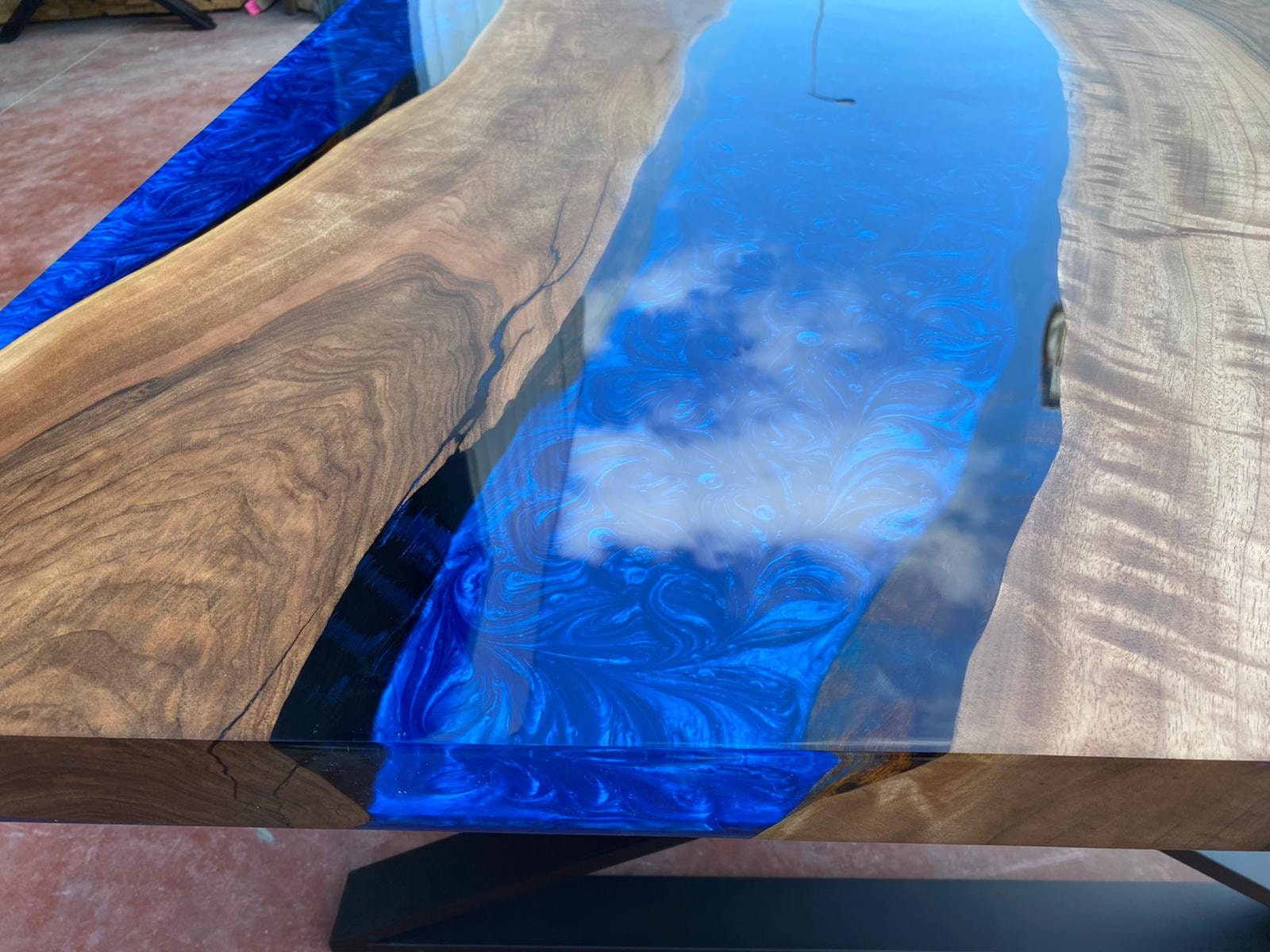 Made to Order Dark Walnut Metallic Blue Epoxy Table Live Edge River ...